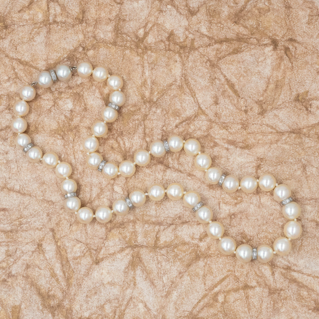 Pearl Necklace with Diamond Rondelles c1950 – Pippin Vintage Jewelry