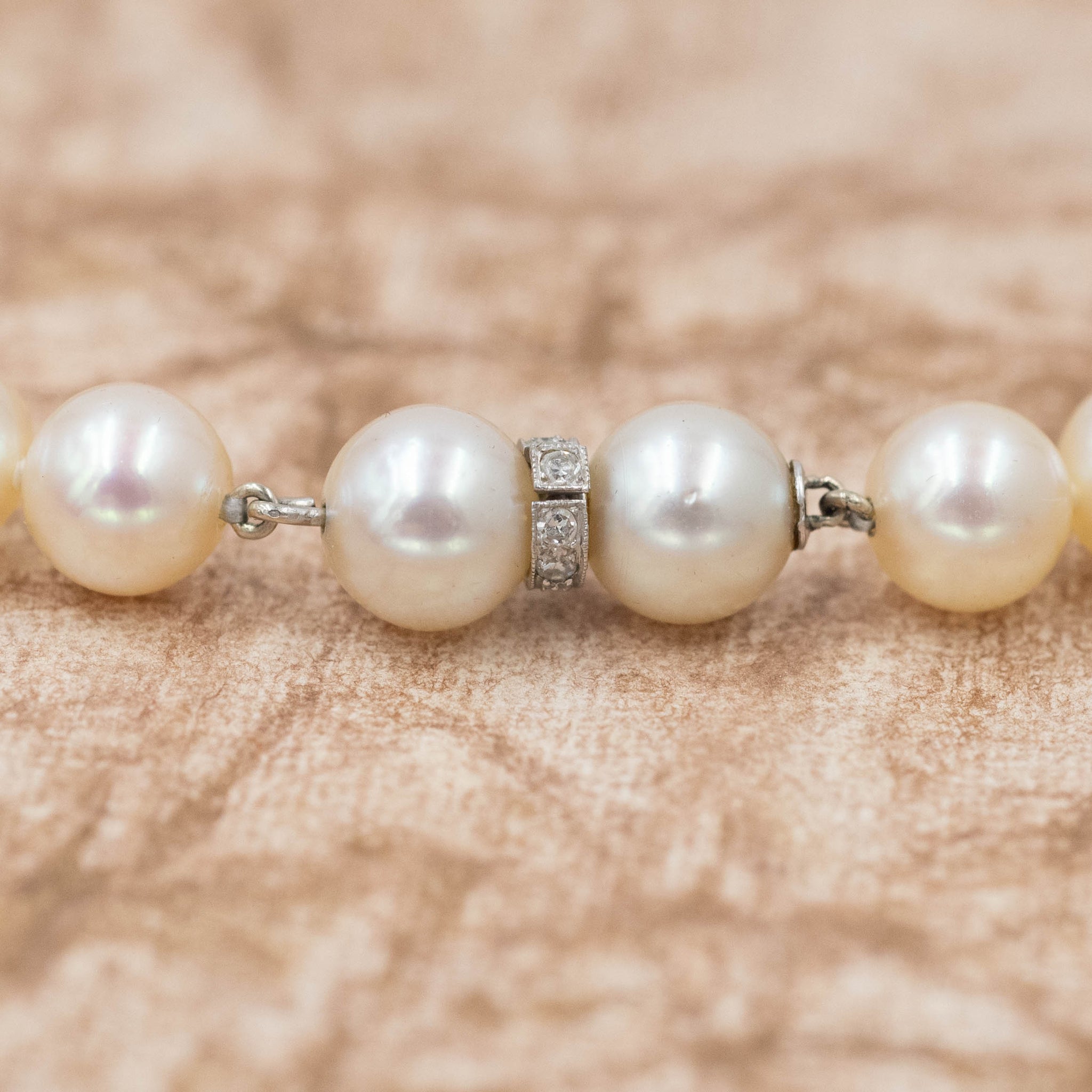 Pearl Necklace with Diamond Rondelles c1950 – Pippin Vintage Jewelry