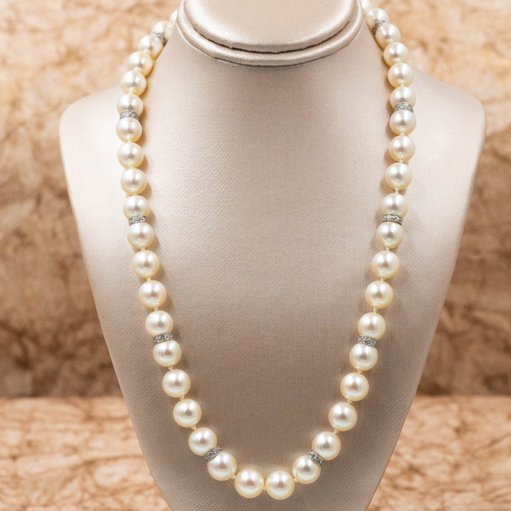 Pearl Necklace with Diamond Rondelles c1950 – Pippin Vintage Jewelry