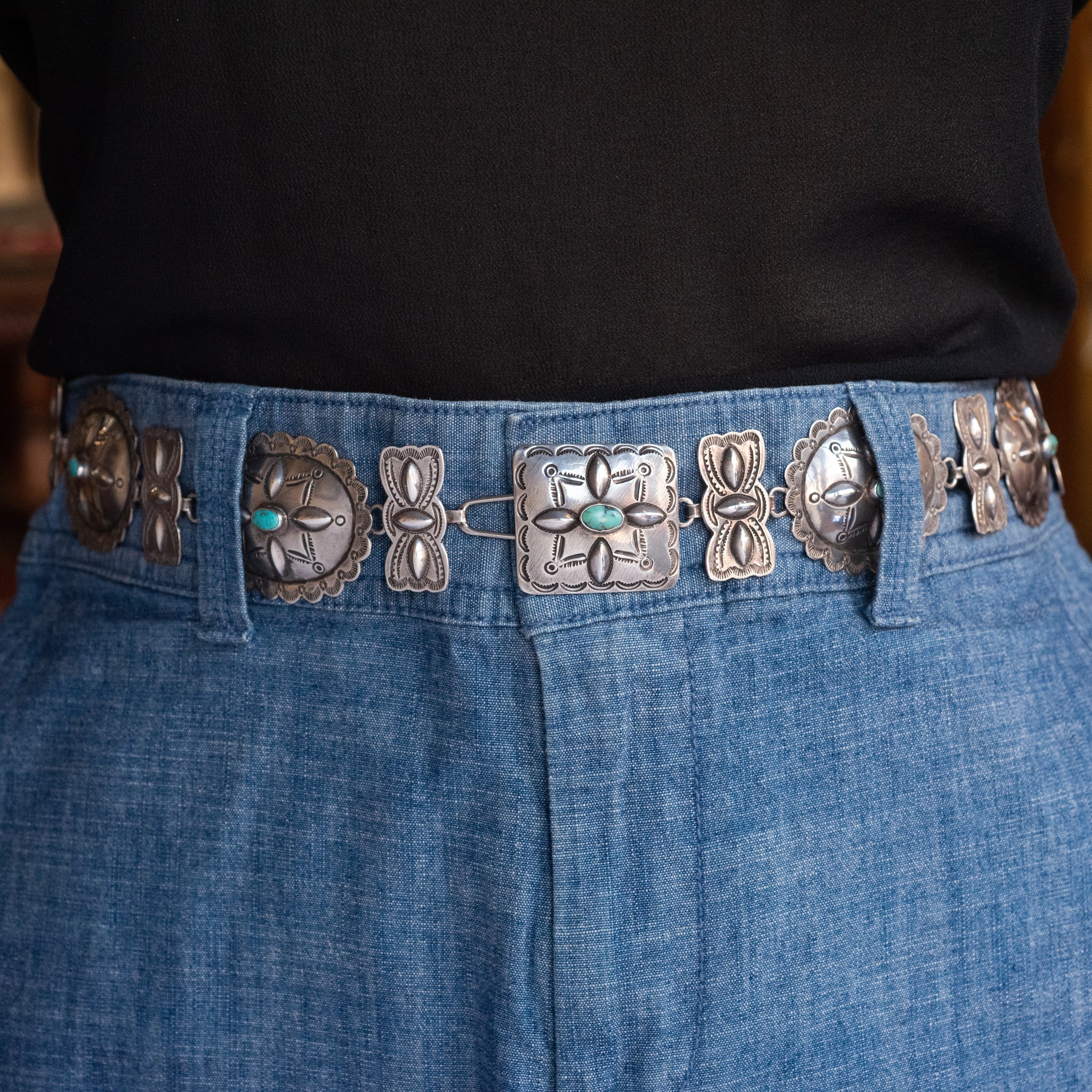 Old Pawn Navajo Concha Belt With Turquoise – Pippin Vintage Jewelry