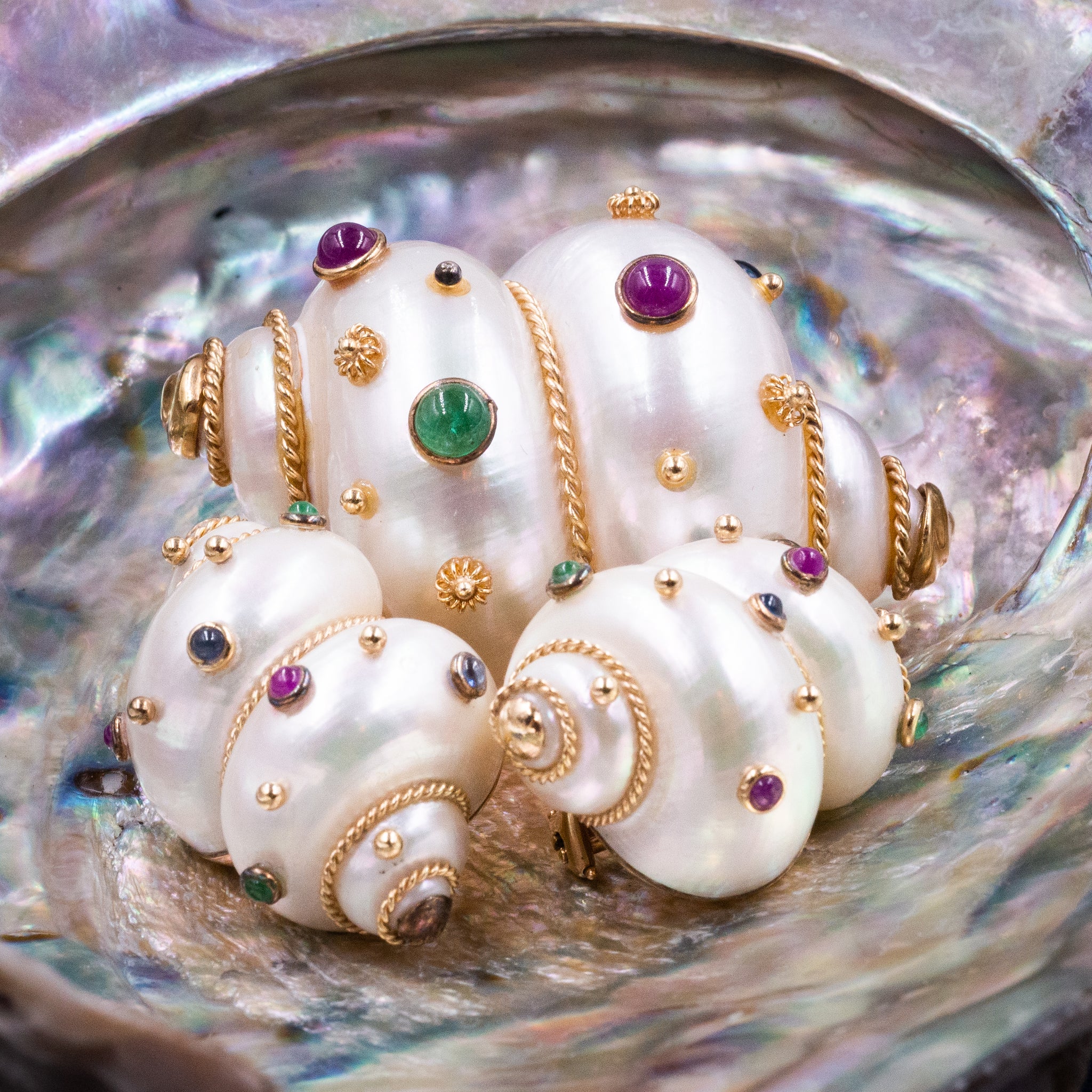 Gem-Studded Turbo Shell Set By Mazza – Pippin Vintage Jewelry