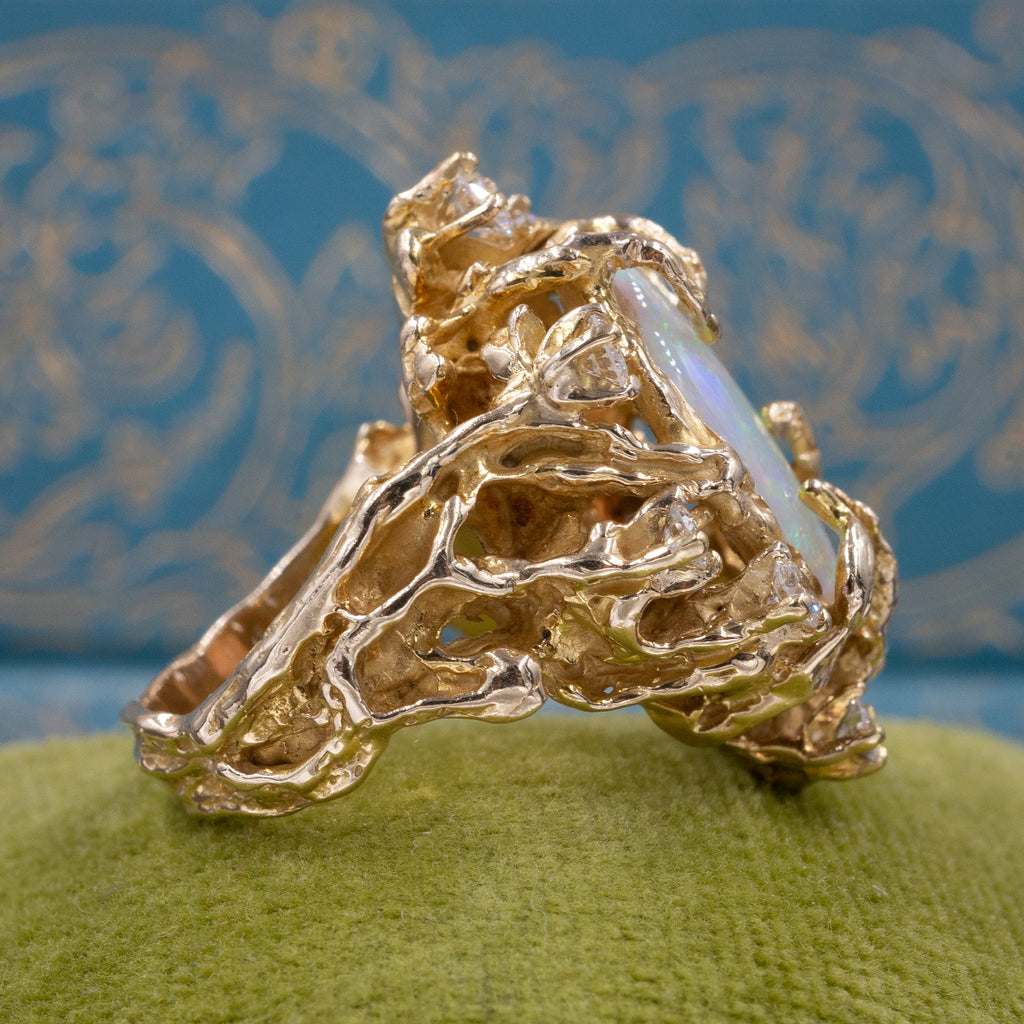 Brutalist Opal and Diamond Ring c1970 – Pippin Vintage Jewelry