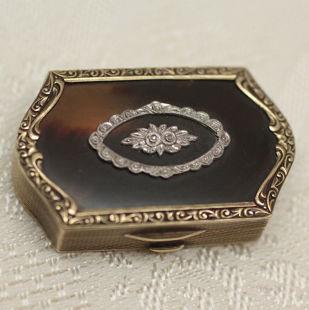 Circa 1900 14K, Tortoise shell & diamond pill box – Pippin Vintage Jewelry